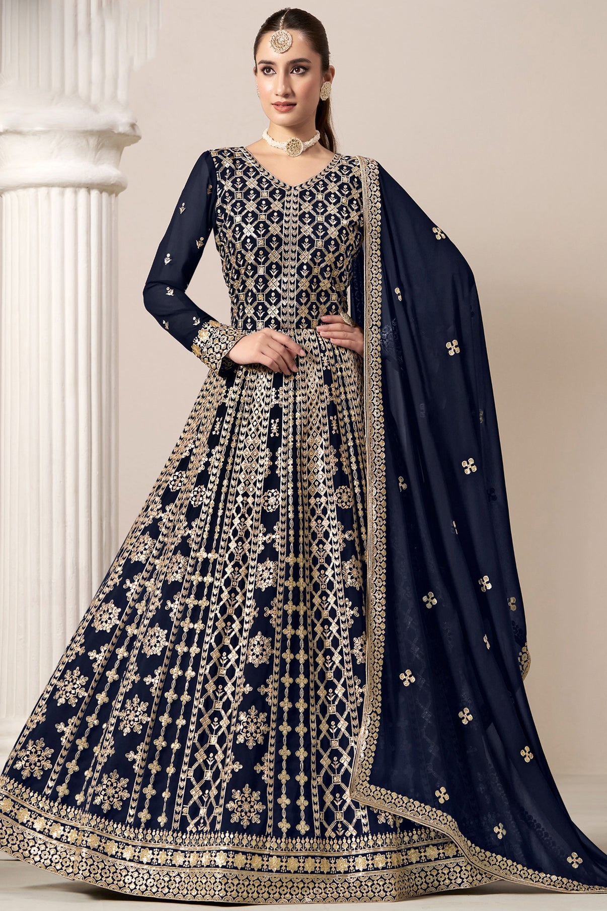 Navy Blue Anarkali Gown With Dupatta Dress – seyuri
